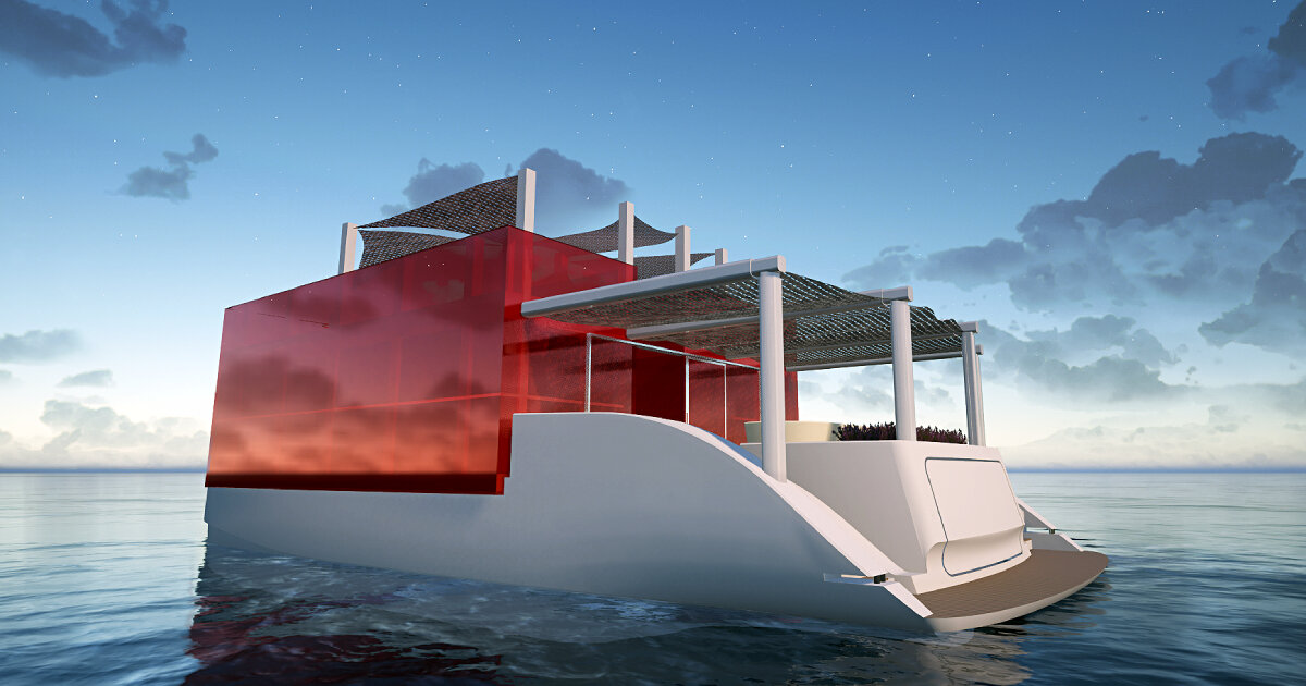 red glass house built on top of aluminum catamaran makes up the ...