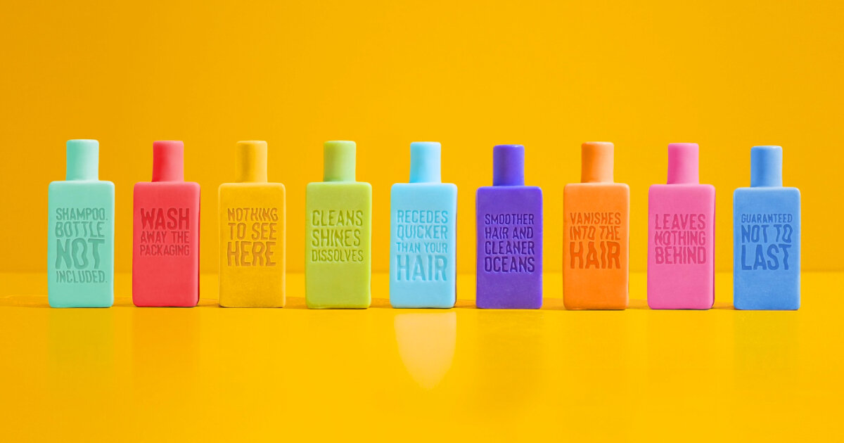 bottle-shaped shampoo bars dissolve with use to reduce plastic pollution