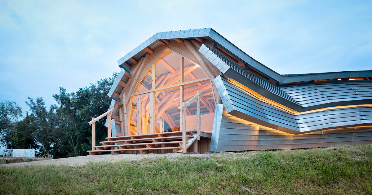 zinc panel cladding wraps wooden retail store by VUILD in japan