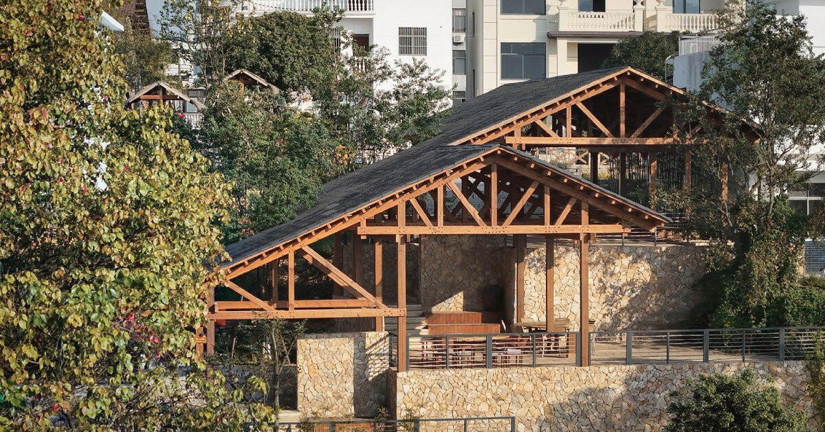 galaxy arch tops wooden space in chinese village with gabled roof