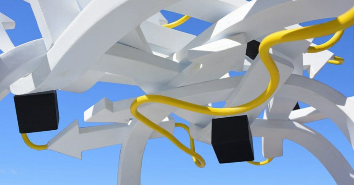 steel rods & cubes intertwine for michael jantzen's protein pavilion