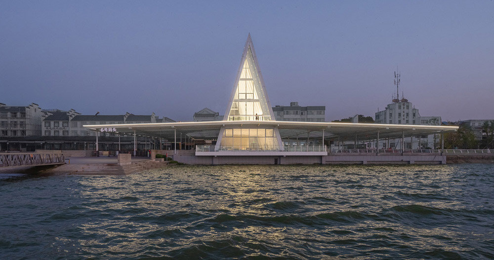 UAO design's liangzi island pier punctuated by A-frame 'lighthouse'