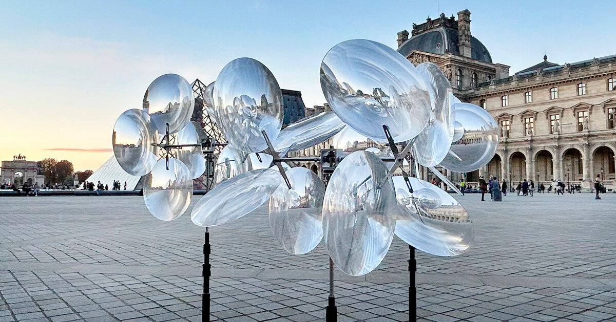 kinetic cloud's floating lenses by vincent leroy deform louvre's facade
