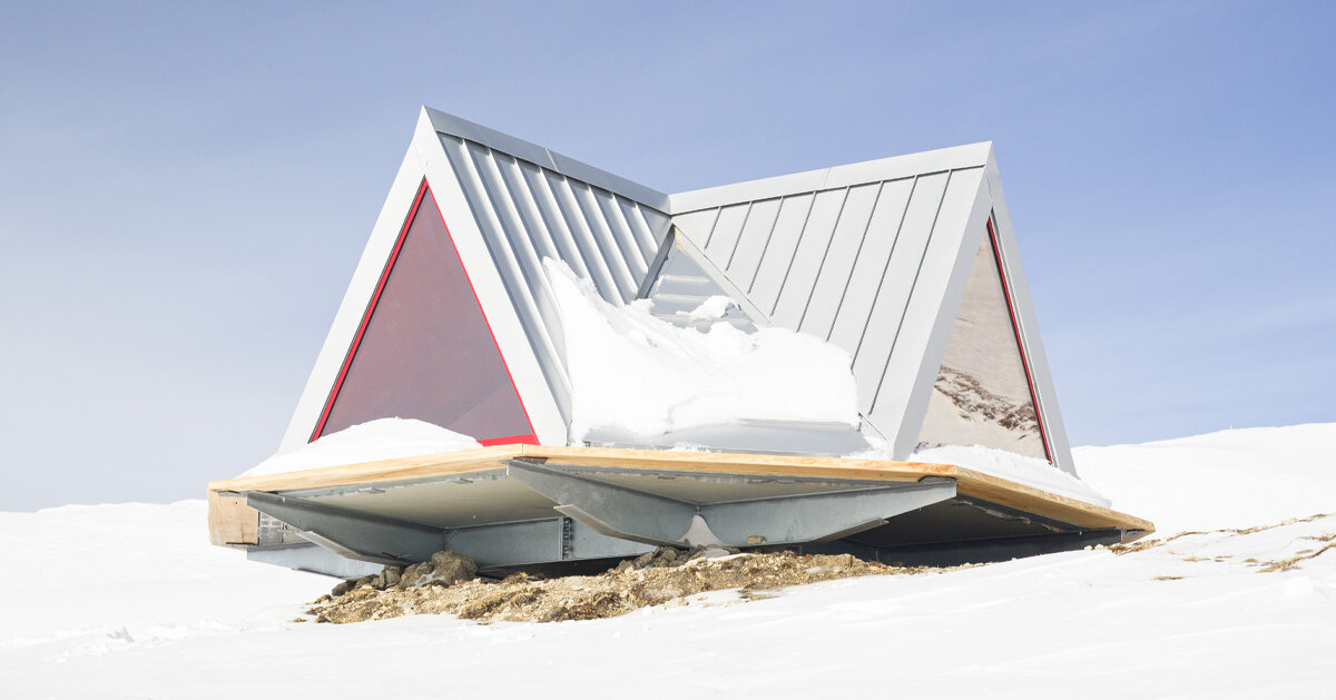 pinwheel shelter is a foldable wooden & aluminum tent on an alpine slope