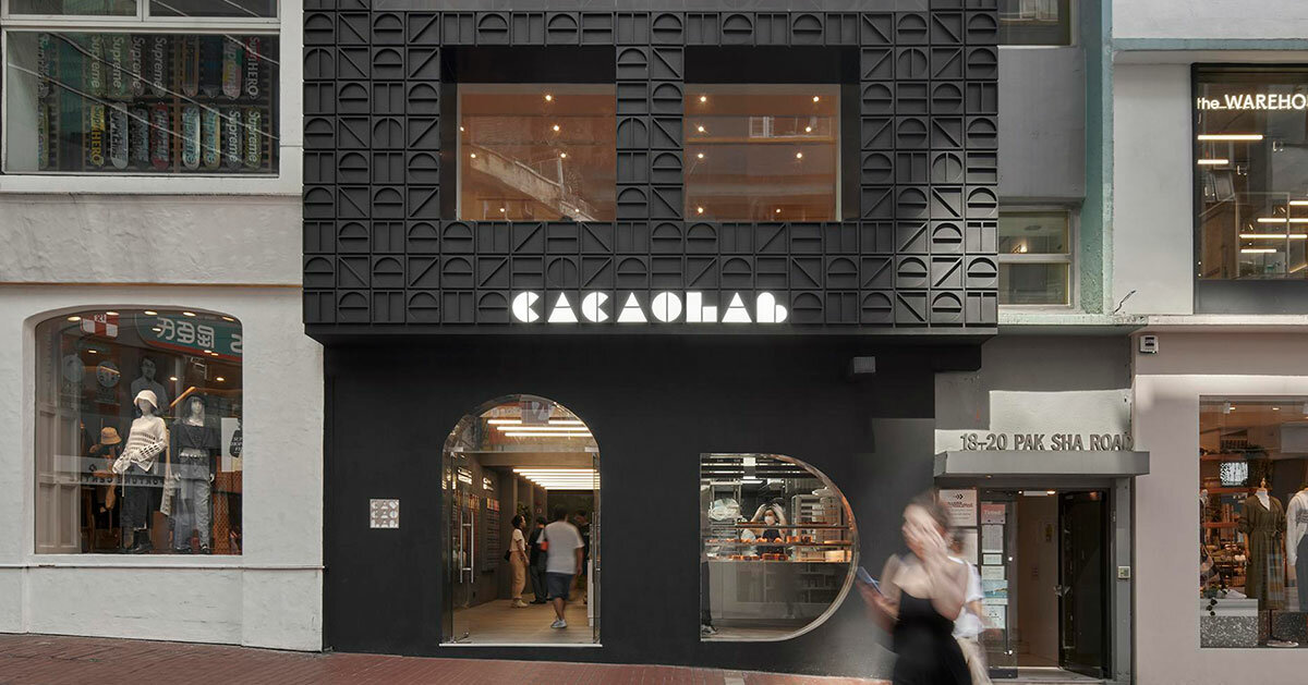 other projects' monogram facade conceals new-age cacaolab flagship store in hong kong