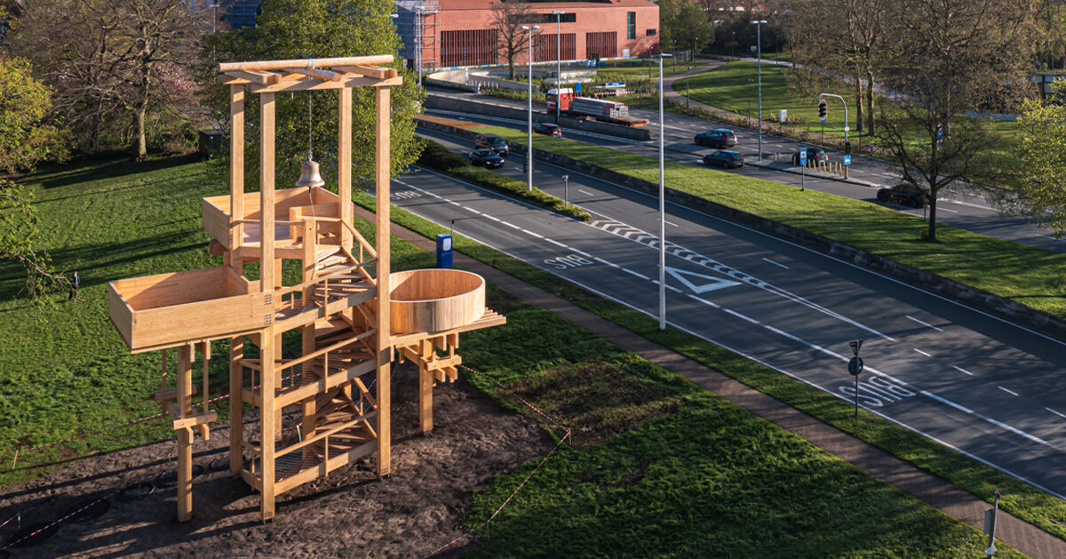 the tower of balance by boonserm premthada emits bell sounds in bruges
