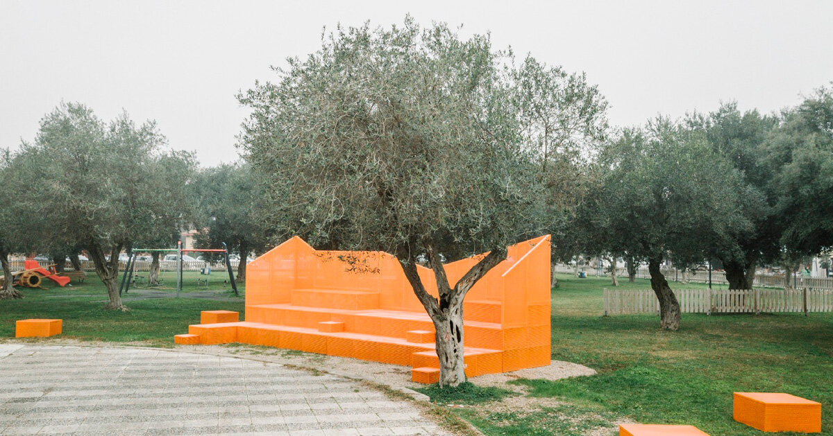 modular steel elements stack shaping open amphitheater in sardinia