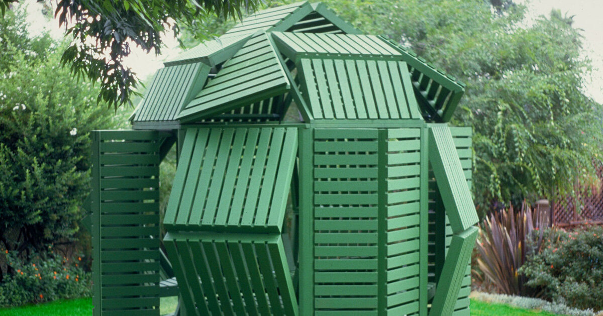 thirty slatted panels construct adjustable pavilion by michael jantzen