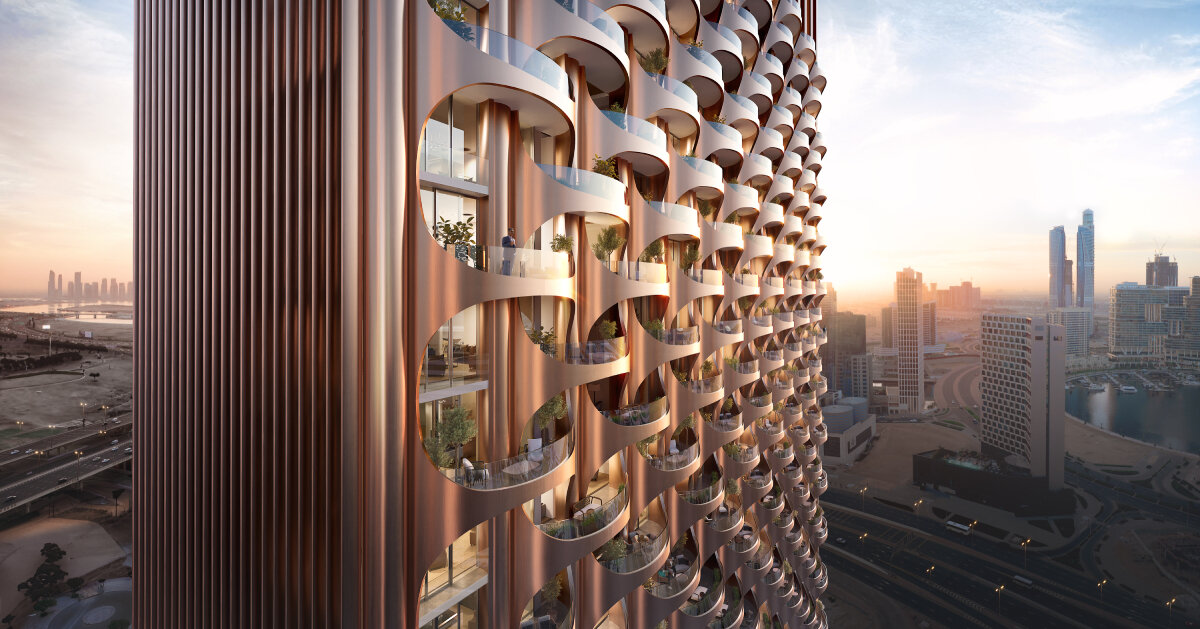 curvilinear facade echoing sweeping sand dunes wraps HKS' one residence tower in dubai