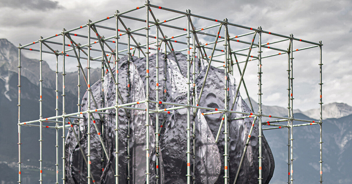 thomas medicus' installation encloses 3D asteroid in cuboid scaffolding