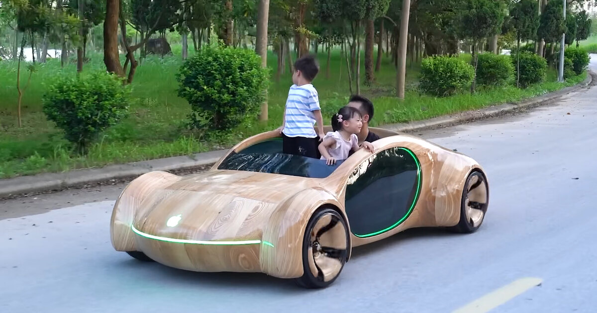 real-life apple concept car drives around as handmade wooden vehicle ...