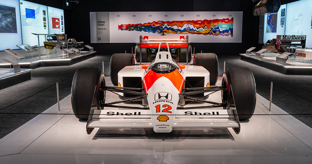 torched formula 1 car & other F1 artifacts show at london exhibition
