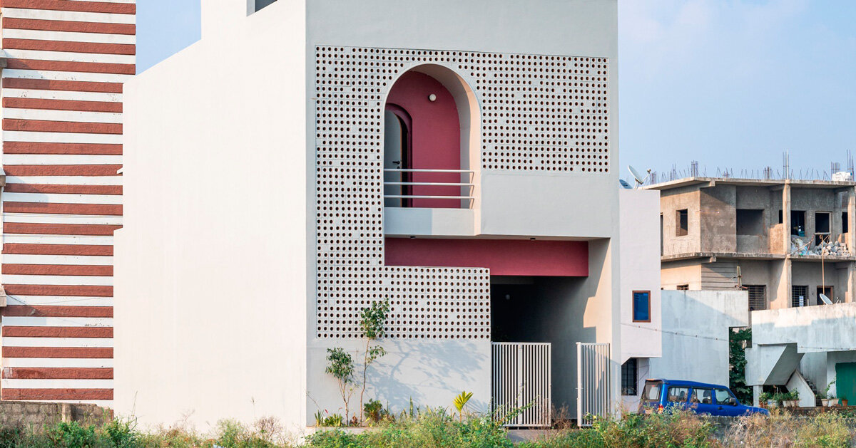 perforated terracotta facade enfolds rahul pudale's porous adobe in india