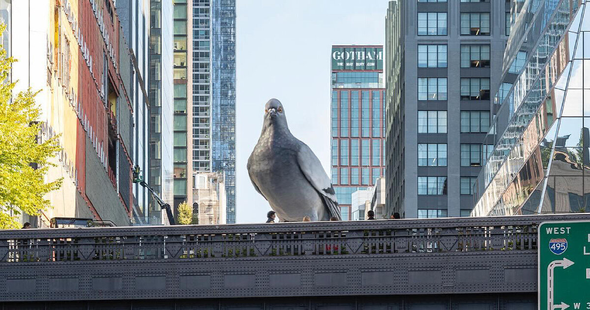 iván argote’s hyperrealistic aluminum pigeon ‘dinosaur’ lands above the ...