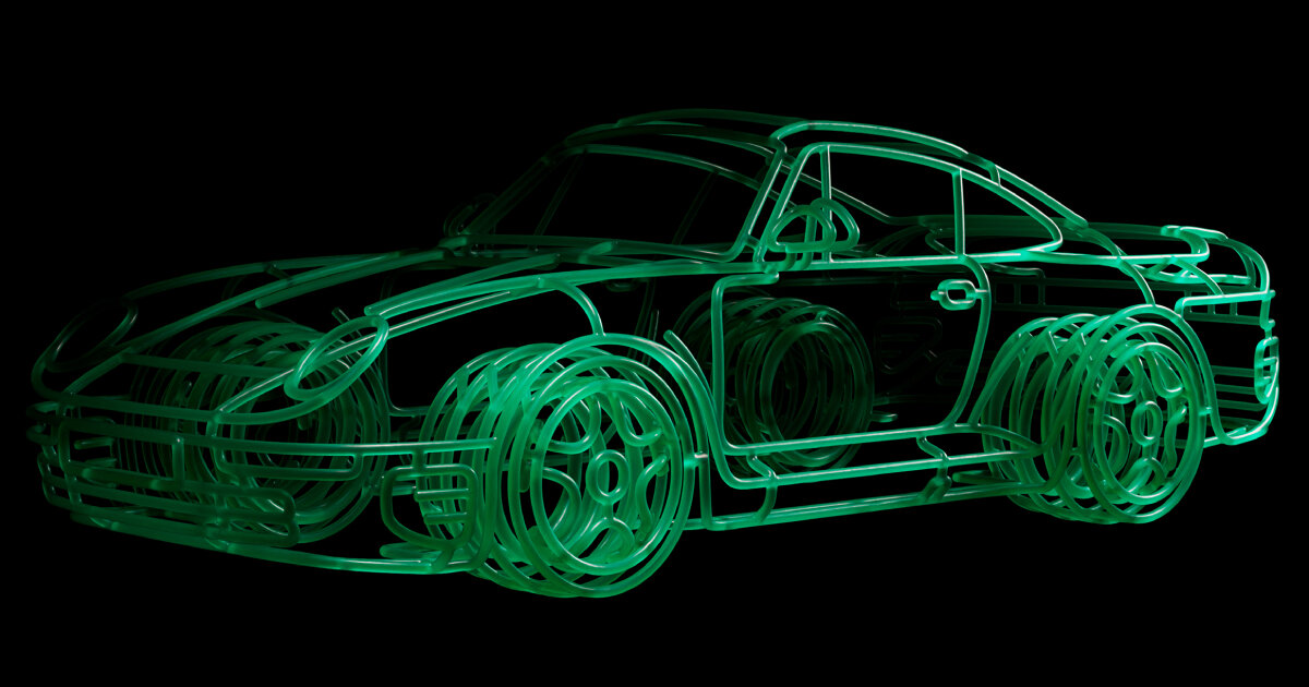 benedict radcliffe and INK craft porsche 959 as glowing sculptures
