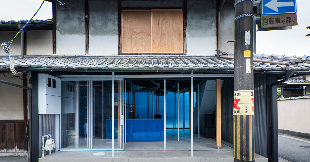 vivid blues turn kyoto townhouse into water-themed coffee stand by ...