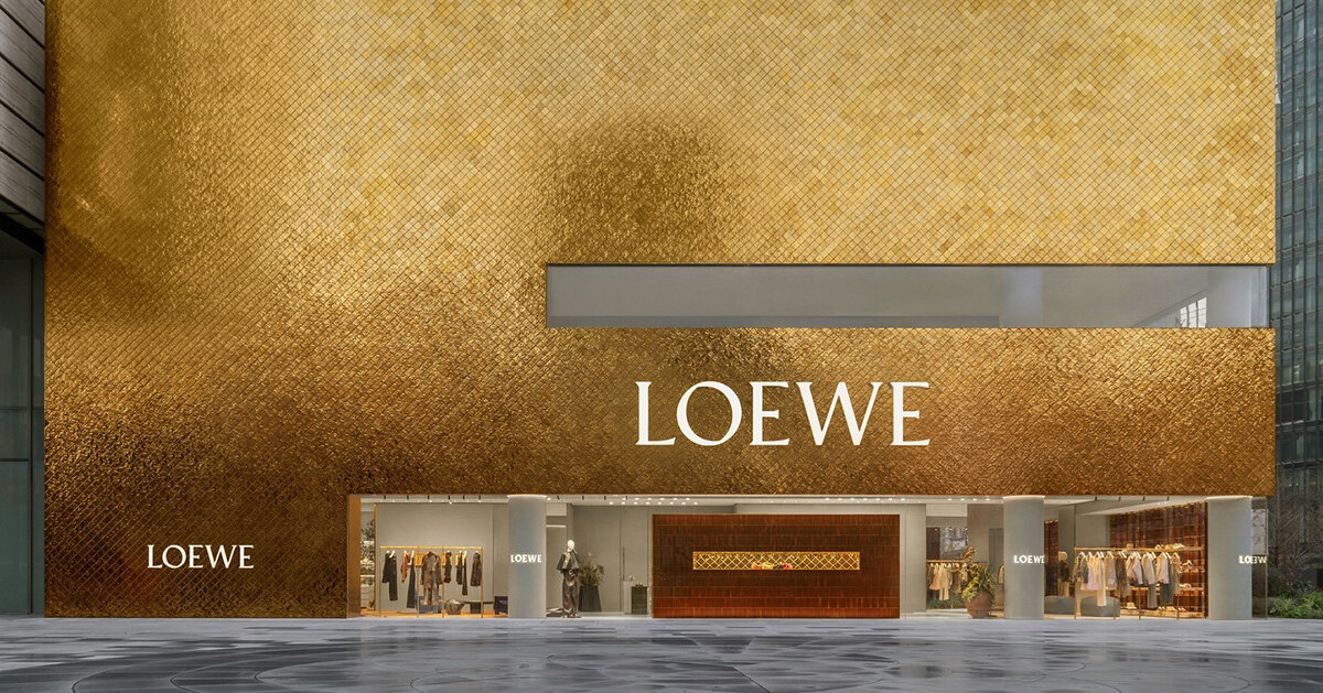 casa LOEWE shanghai opens with facade clad in 35,536 individual golden ceramic tiles
