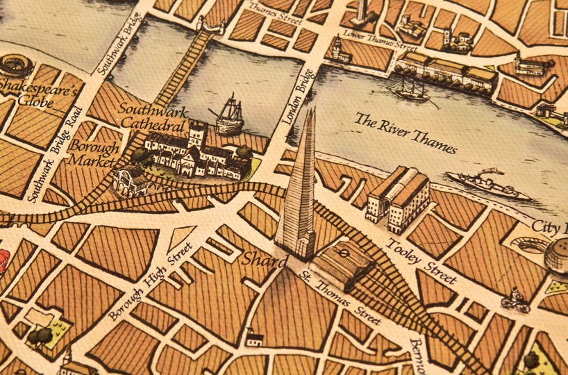 modern 1800s hand drawn grand wall map of london