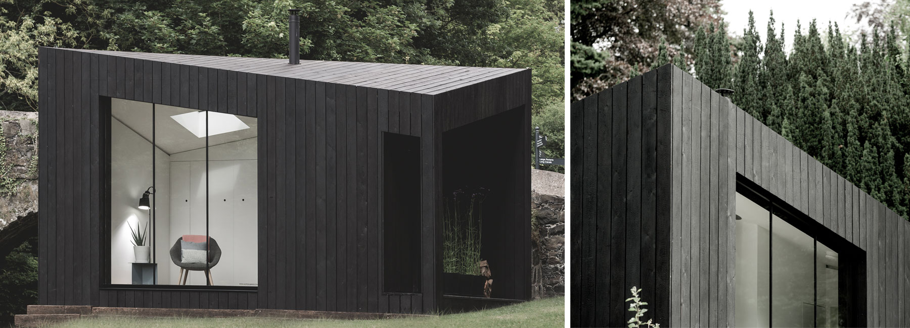 koto designs triangular prefabricated cabins clad with charred wood