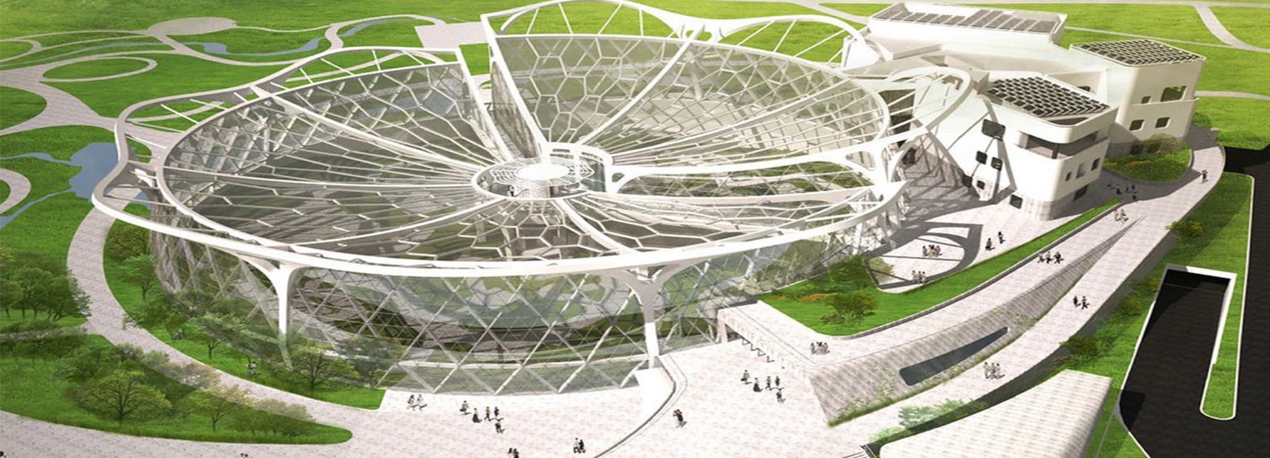 seoul botanic park incorporates a flower-shaped roof and triangular ...