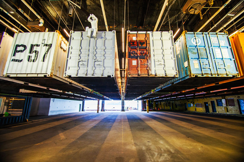 magic carpet of 36 shipping containers hang at pier 57