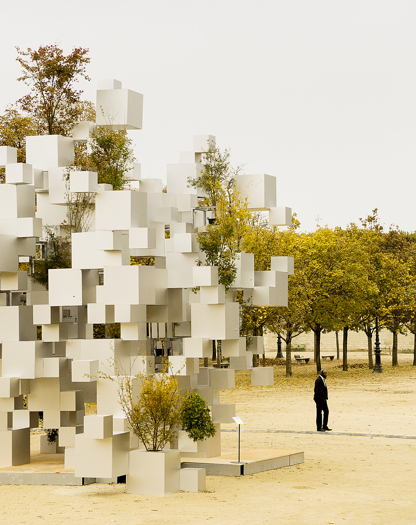 sou fujimoto adds greenery to layered cube installation in paris
