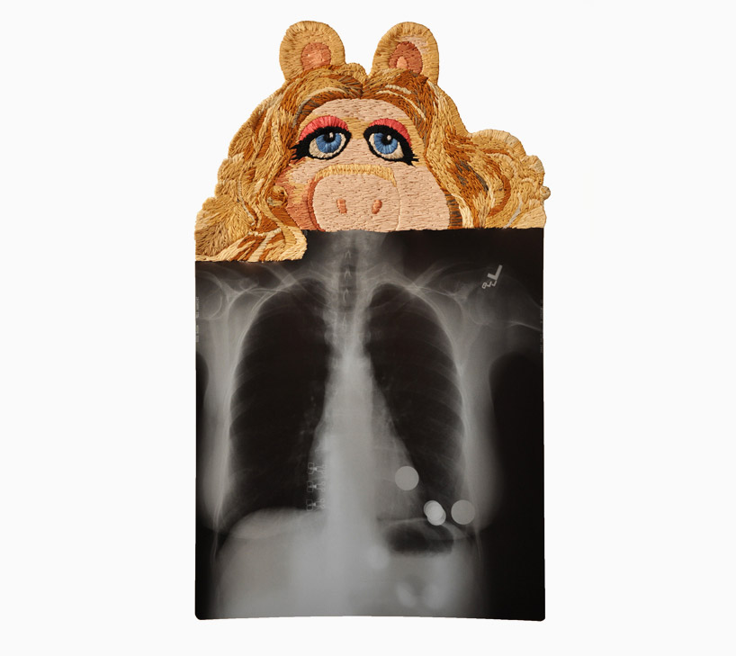 matthew cox embroiders pop culture icons onto skeletal x-ray sheets
