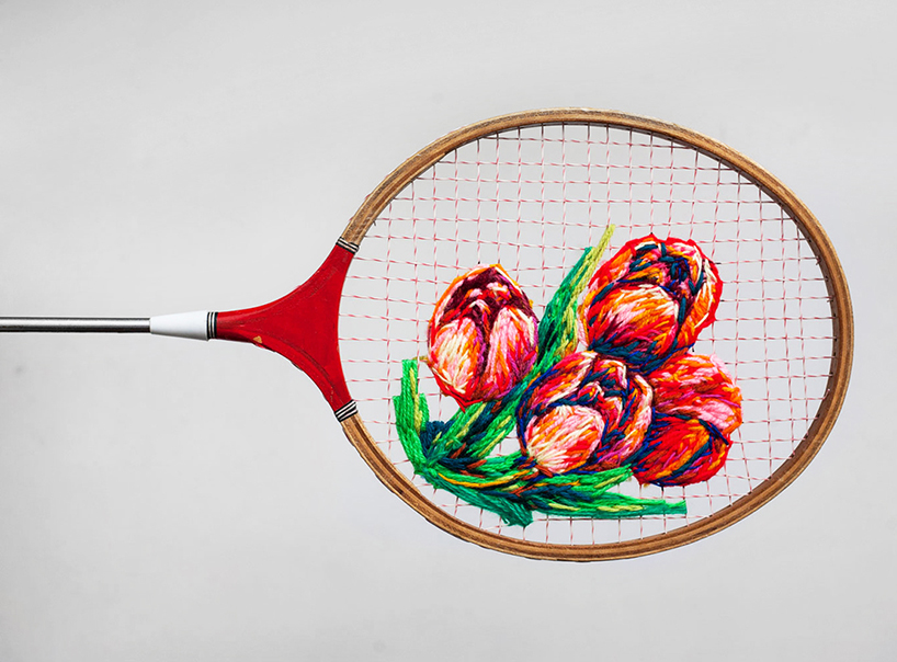 danielle clough embroiders flowers into vintage rackets
