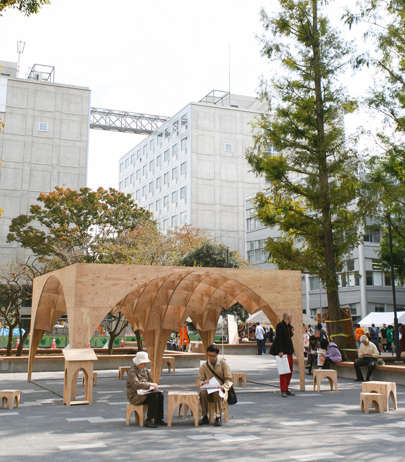 students of waseda university crafts temporary plywood pavilion in tokyo