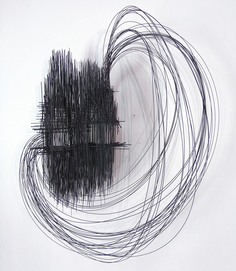 david moreno juxtaposes steel rods to create a series of micro-atmospheres