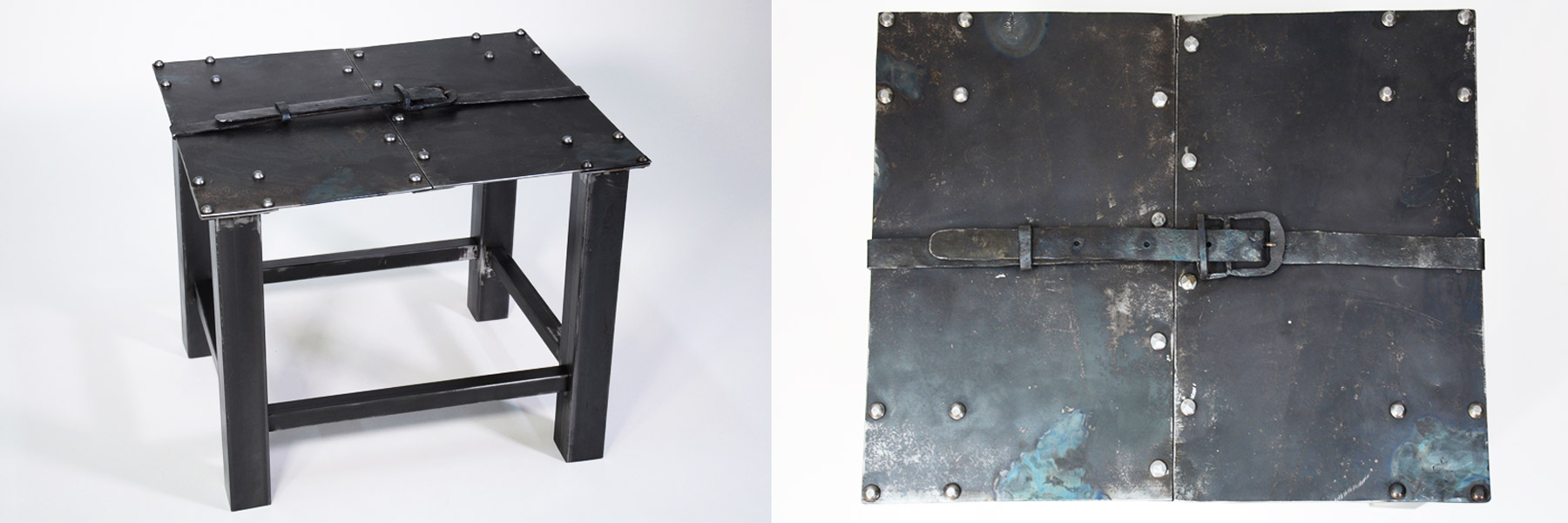 medieval inspired metal-forged table is hugged by an iron belt