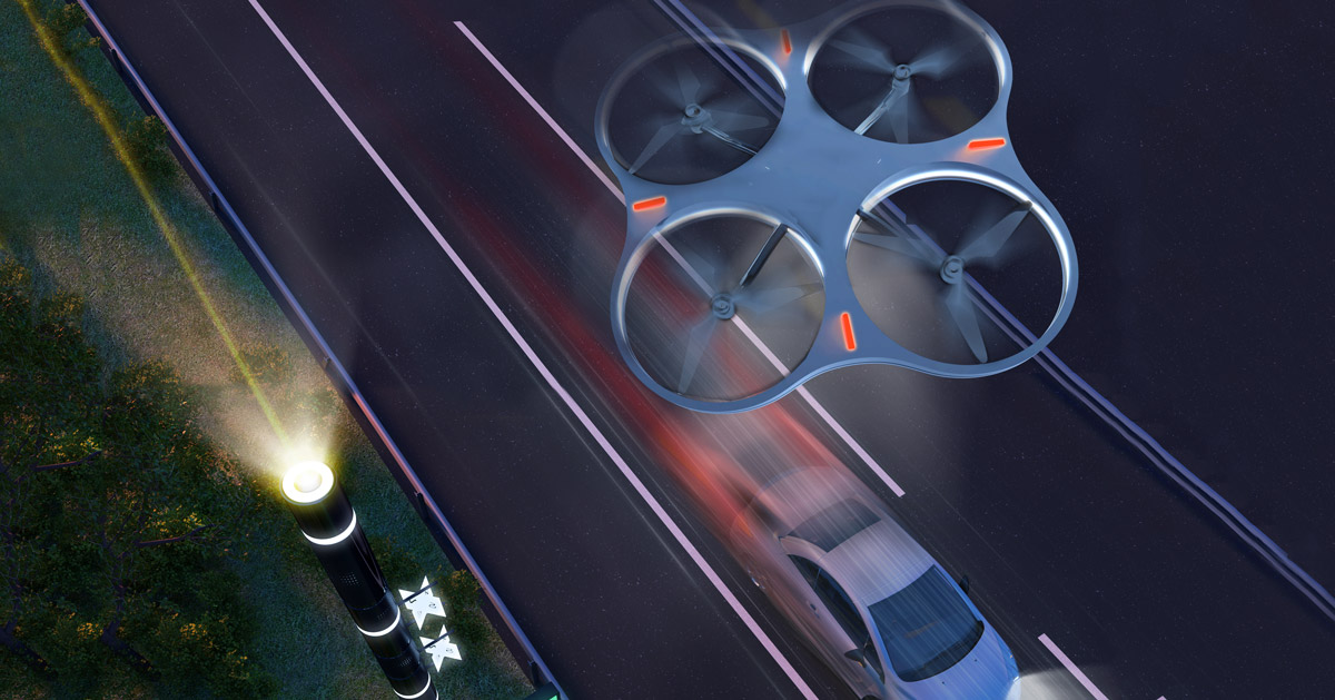 flying poles direct the drone highway + driverless car system of the future