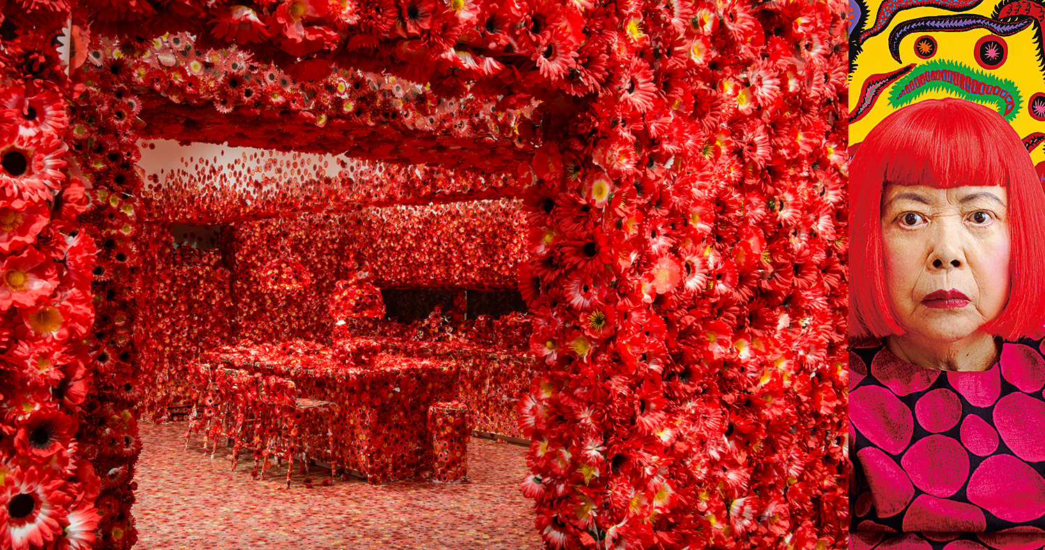 yayoi kusama obliterates a room with a virus of beautiful red flowers