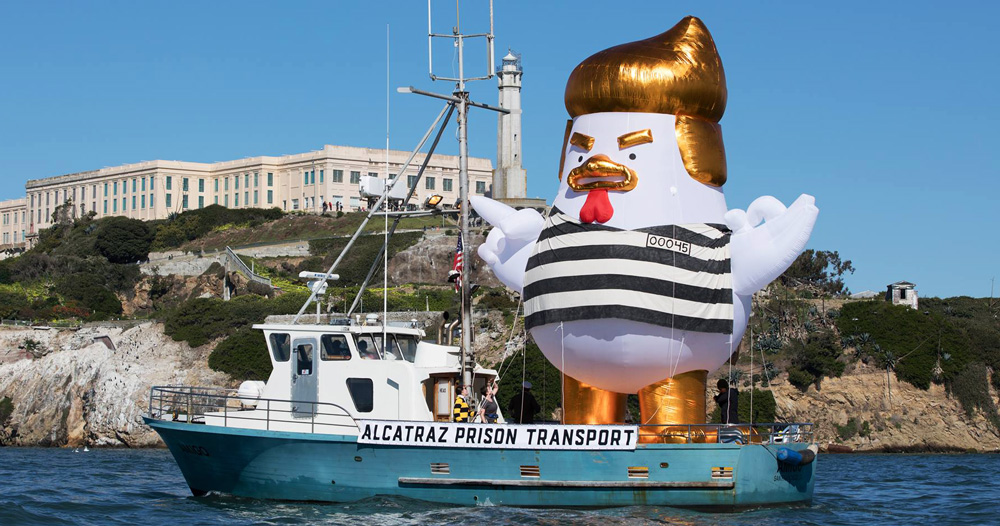 inflatable 'trump chicken' sets sail around san francisco bay