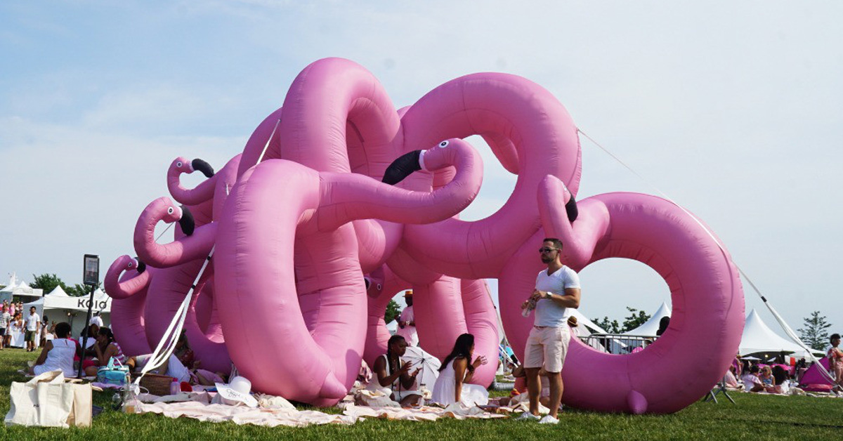 cyril lancelin uses pink flamingo inflatables in immersive installation ...