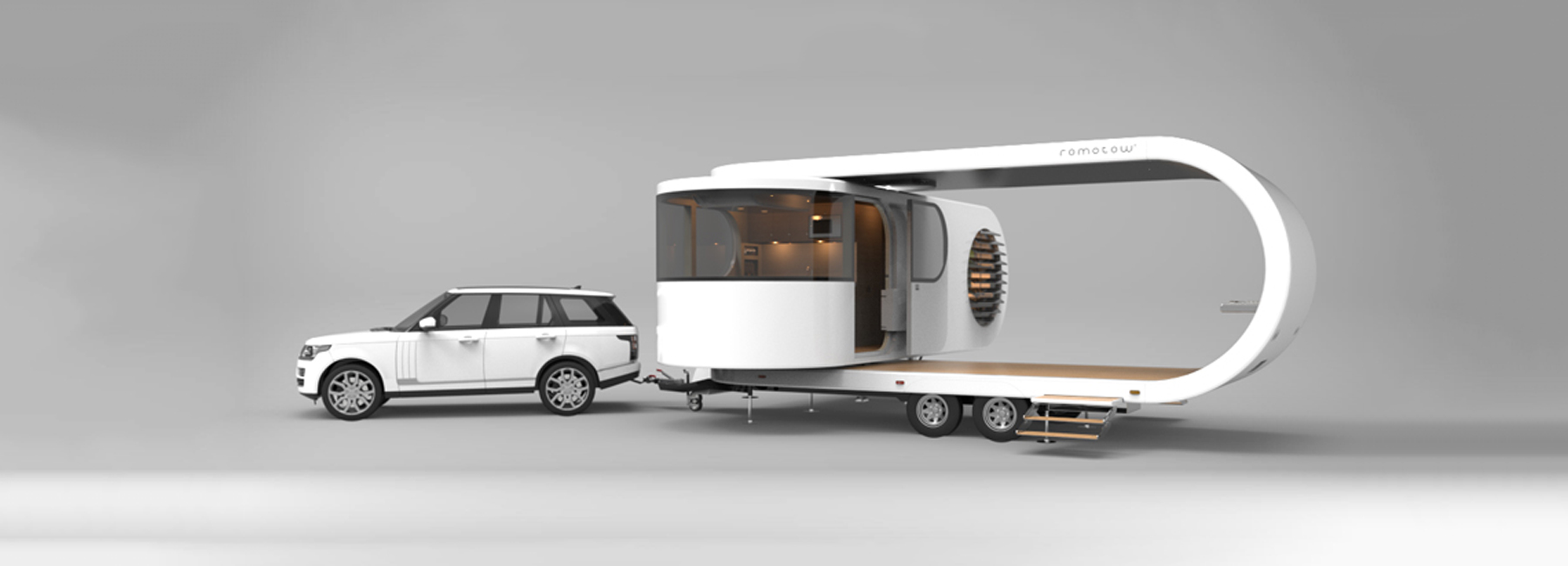 the futuristic romotow's expandable deck makes it the perfect party trailer