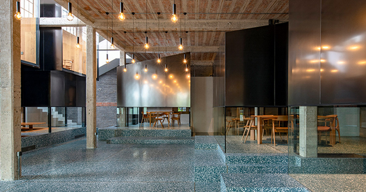 linehouse stacks stainless steel teahouses on green terrazzo in shanghai
