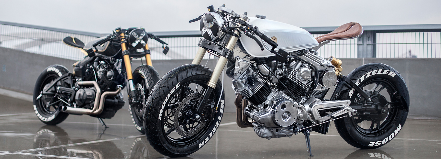 two yamaha XV920 motorcycles by moose motodesign personify good and evil