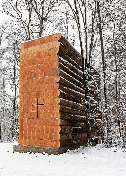 john pawson's wooden chapel in germany comprises 61 douglas fir logs