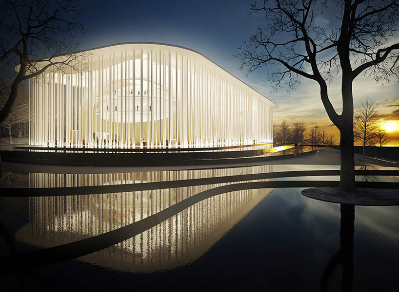 the entrance is formed by peeling away the repetitive cage-like columns ...