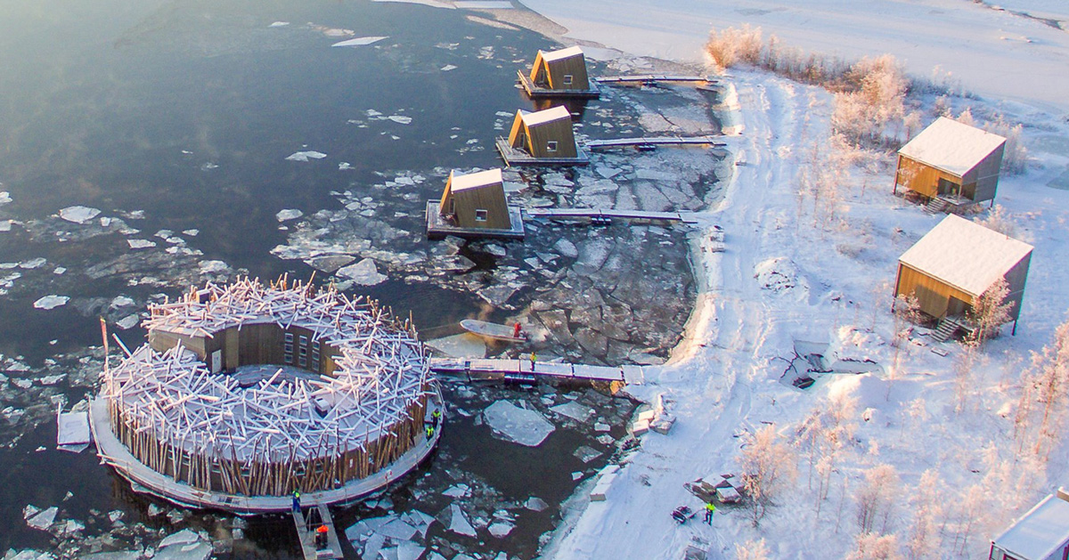 sweden's floating, circular 'arctic bath' hotel opens on the lule river