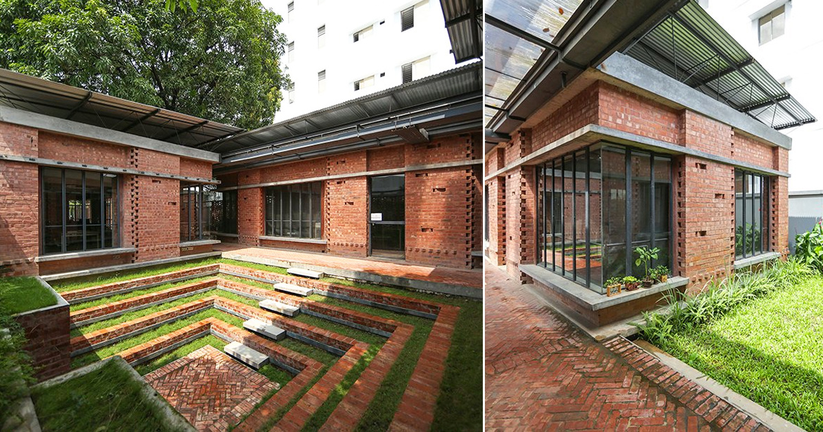 studio dhaka fuses brick façades with lush greenery for bangladesh office