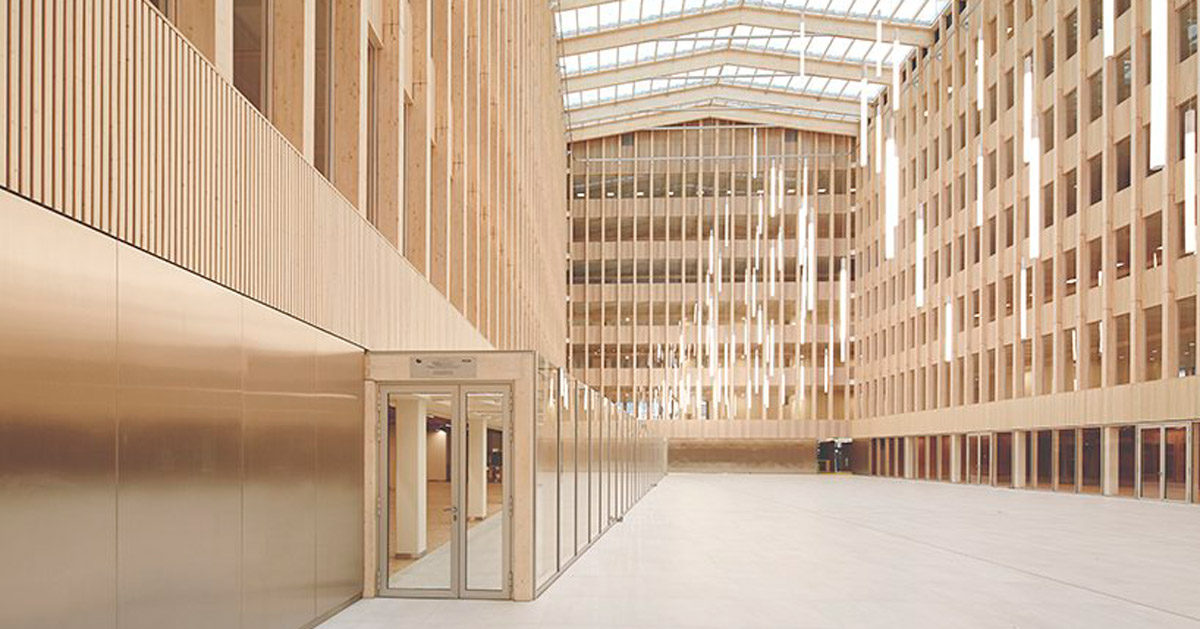 natural wood and warm lighting fill bfv architectes' office building in ...