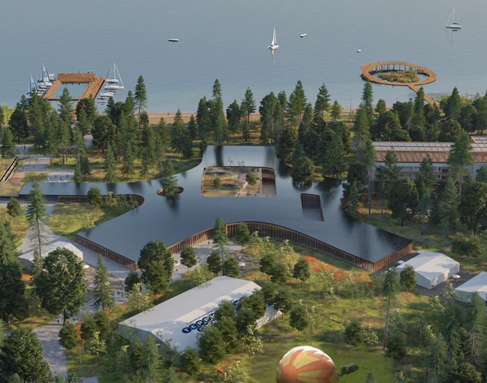 the architecture organically responds to the landscape, with the ...