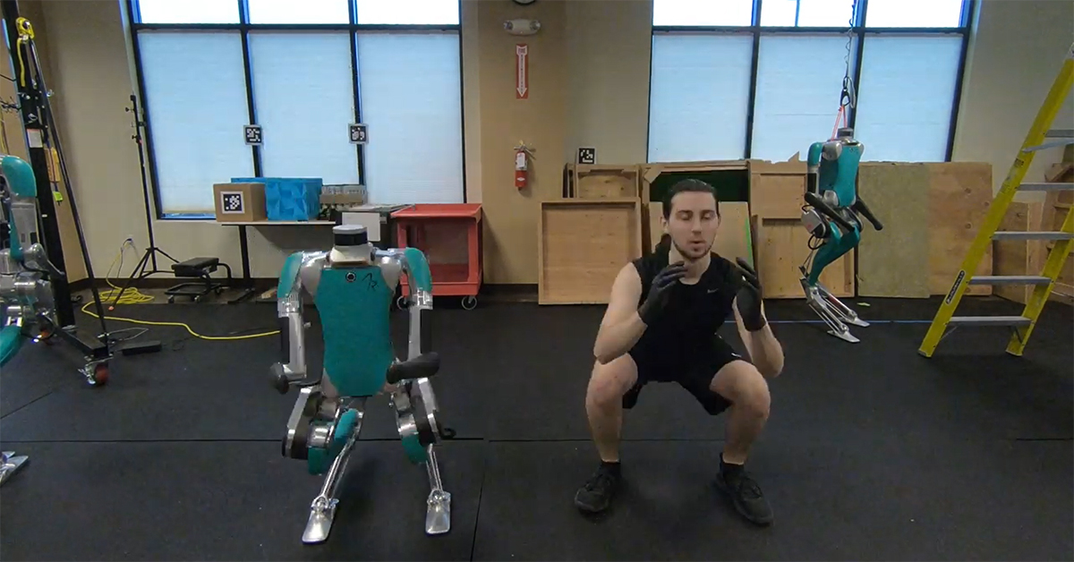 foldable agility robotics delivery bot squats in as your workout partner