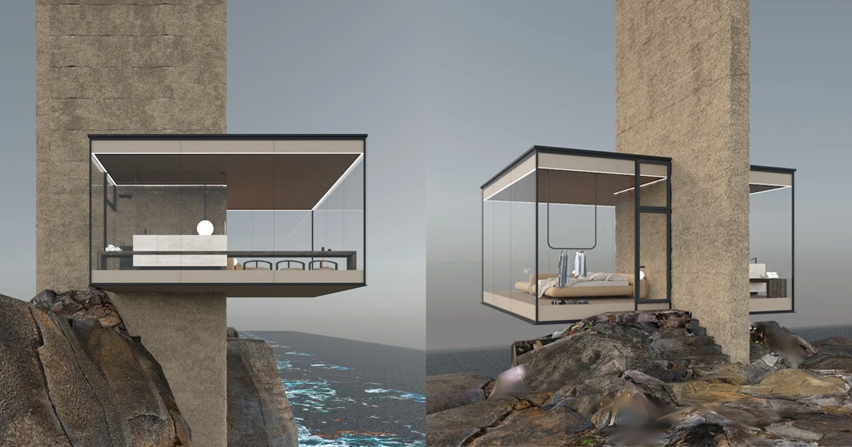 a minimalist glass cabin hovers over a cliff edge, by yakusha design