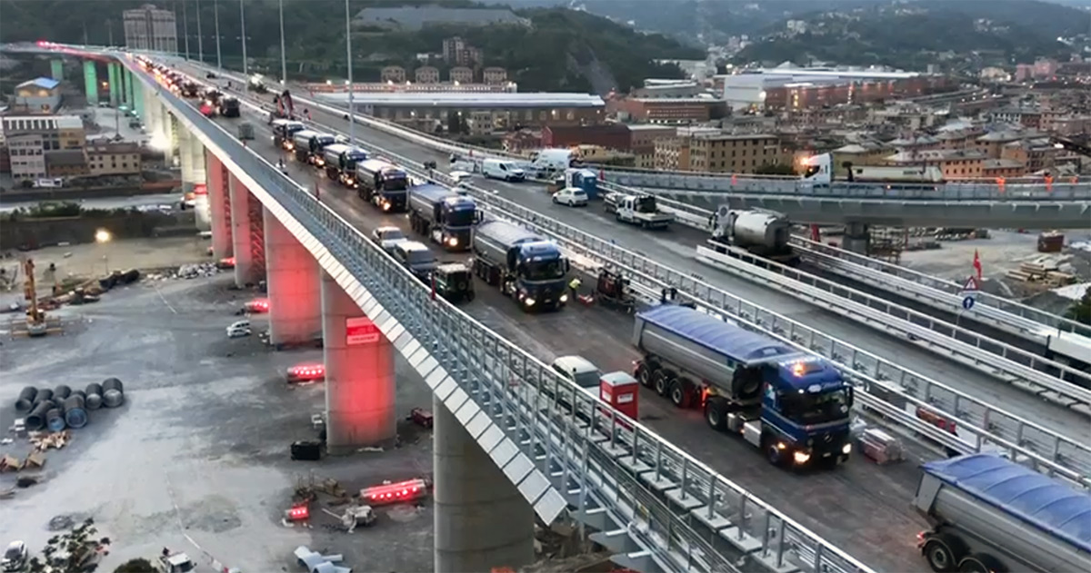 new genoa bridge tested with 56 trucks as inauguration date announced