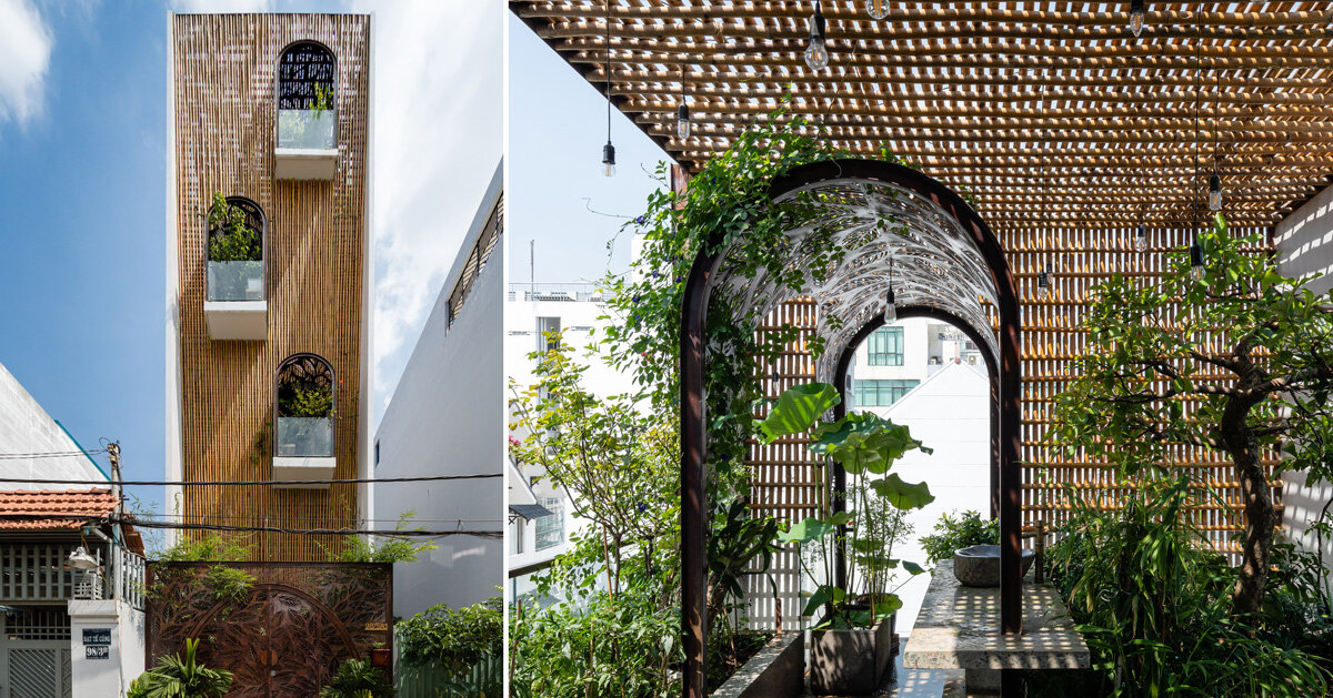 woven bamboo façade clads atelier ngng's 'floating nest' house in vietnam