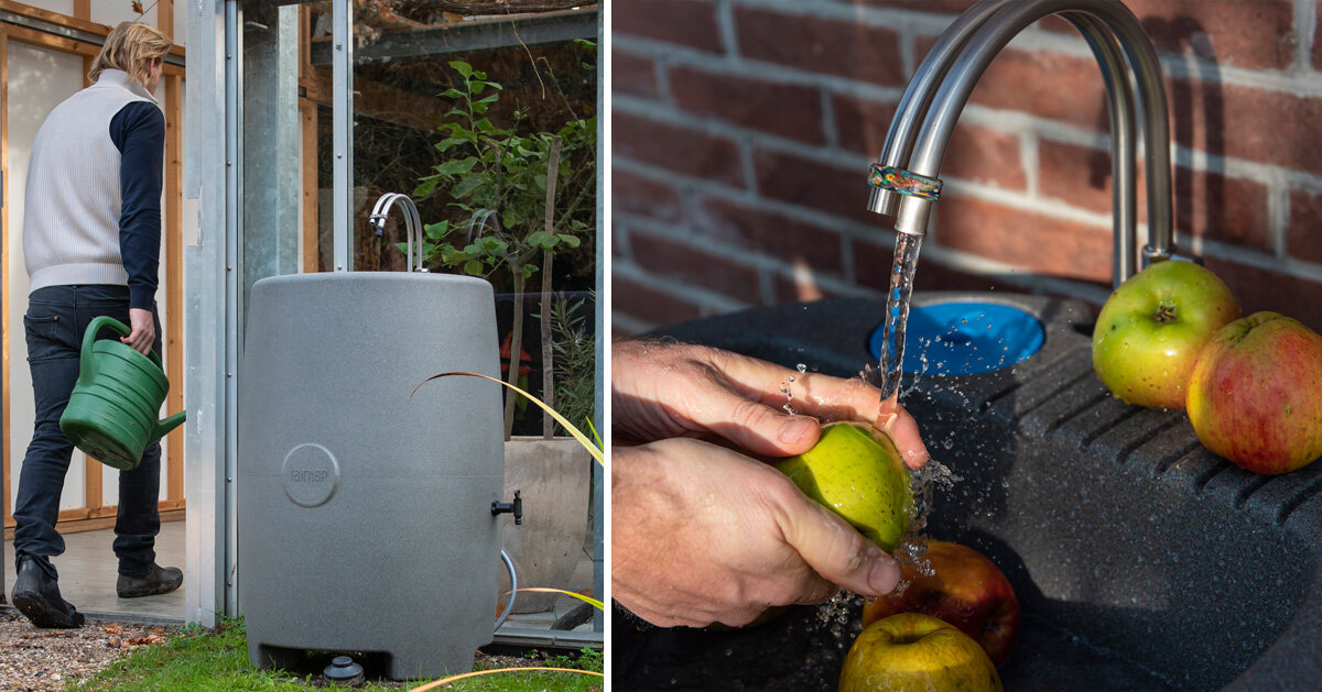 portable water station made of recycled plastic stores rain water
