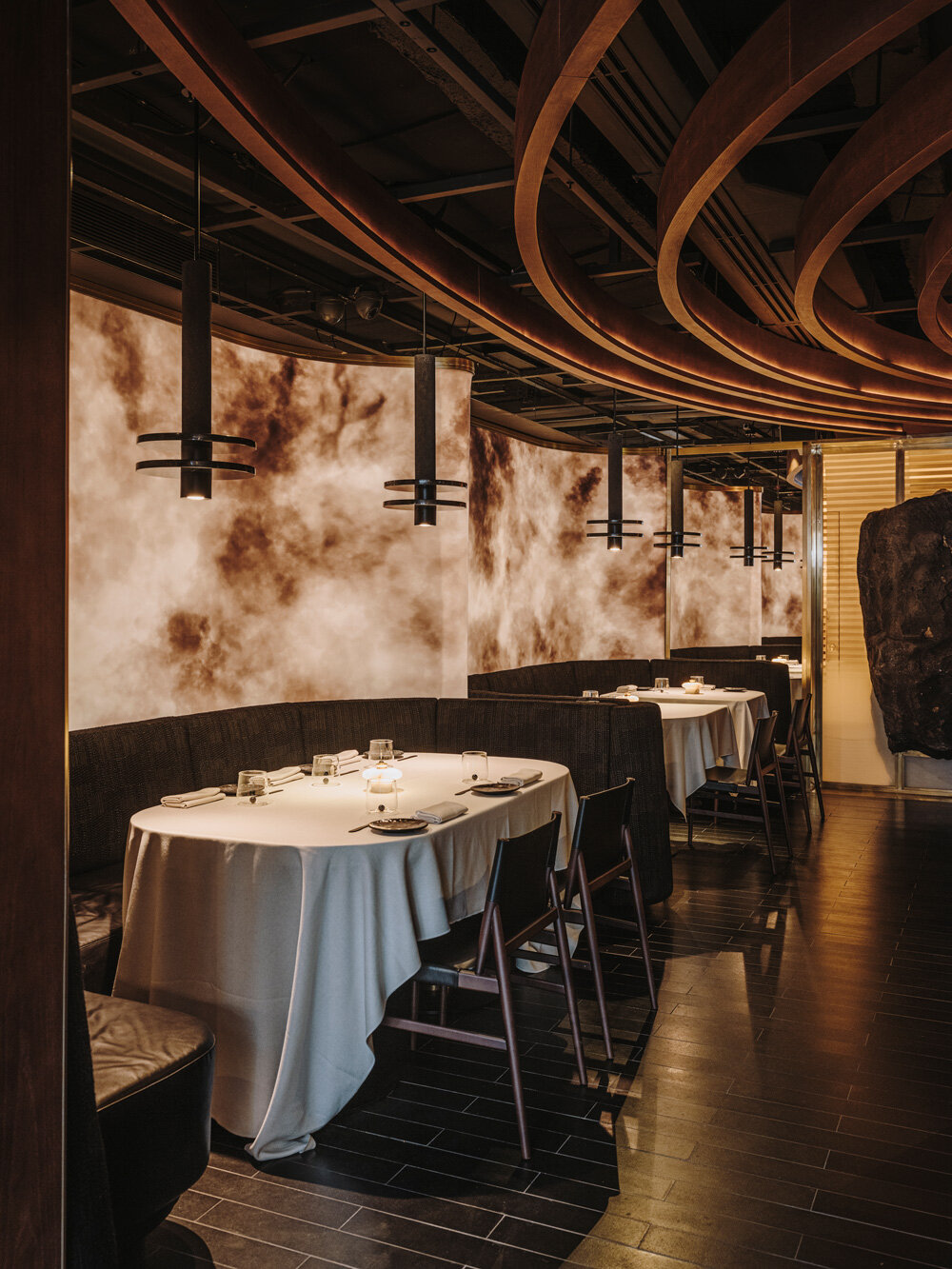 sculptural wooden ceiling tops astet studio's leña marbella restaurant ...